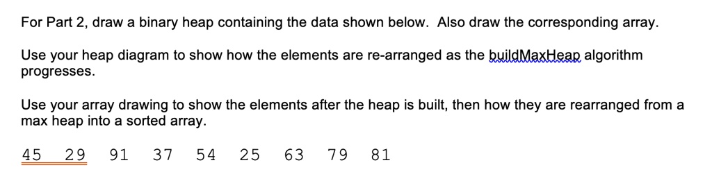 SOLVED: For Part 2, draw a binary heap containing the data shown below ...