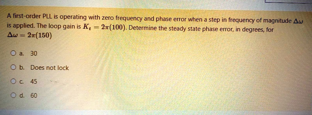 A first-order PLL is operating with zero frequency and phase error when ...