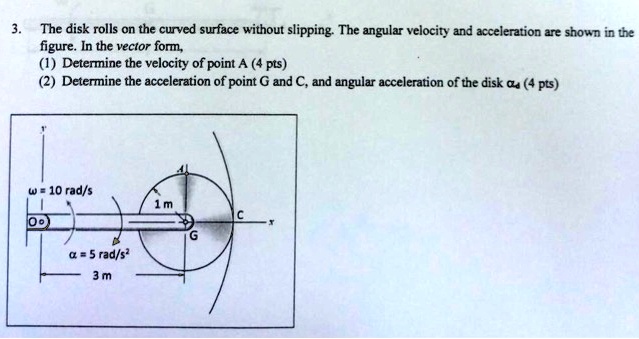 3. The disk rolls on the curved surface without slipping. The angular velocity and acceleration ...