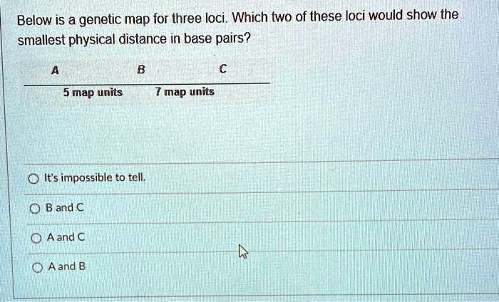 SOLVED: Below iS a 'genetic map for three loci. Which two of these loci ...