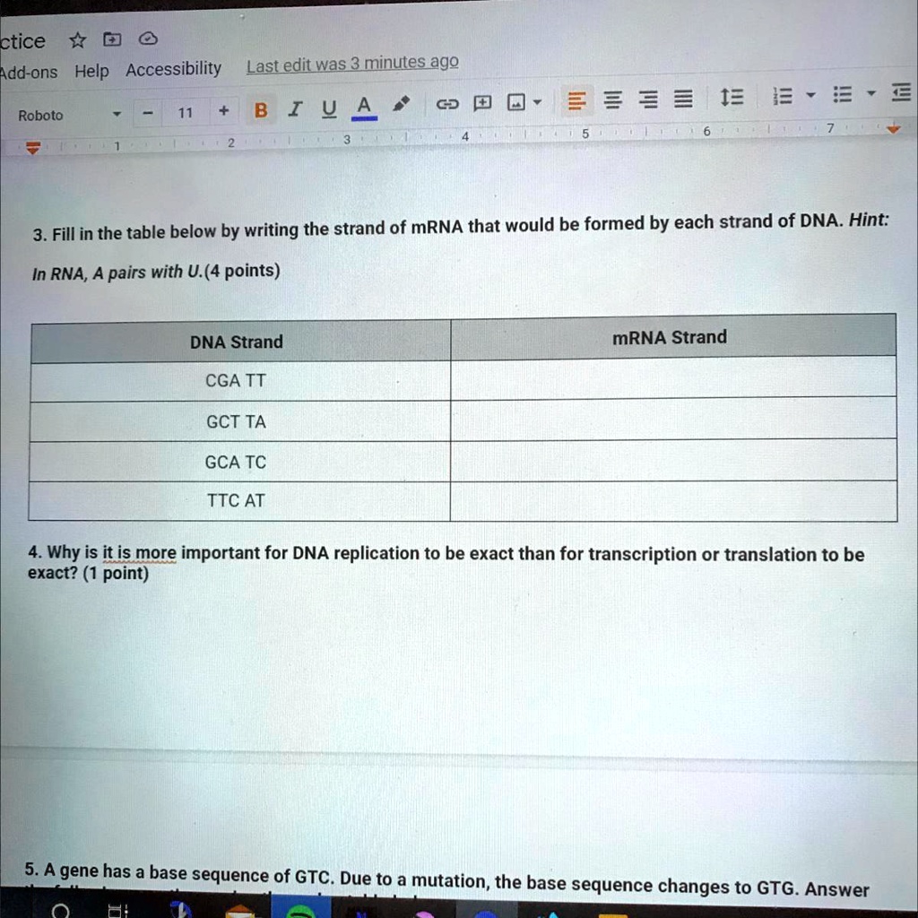 3. Fill in the table below by writing the strand of mRNA that would be ...