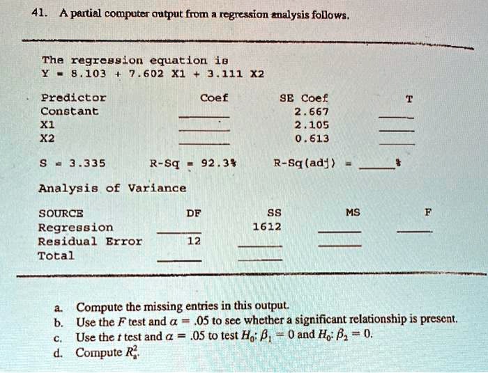 Solved A Partial Computer Output From A Regression Analysis Follows The Regression Equation Is 5705