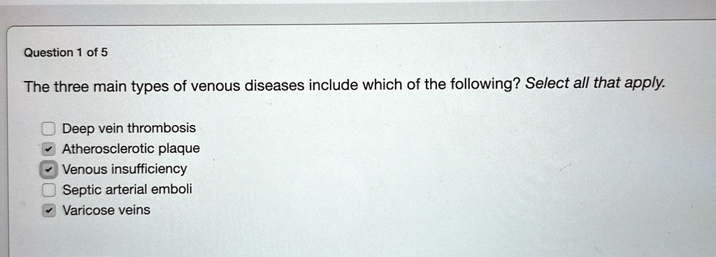 Question 1 of 5 The three main types of venous diseases...