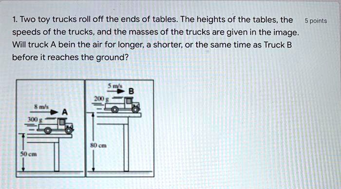 1 two toy trucks roll off the ends of tables the heights of the tables ...