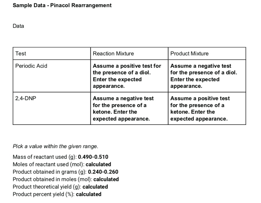 SOLVED: Sample Data Pinacol Rearrangement Data Test Reaction Mixture ...