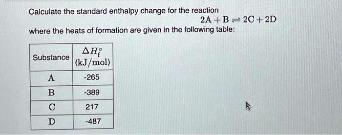 calculate the standard enthalpy change for the reaction 2a b 2c 2d where the heats of formation ...