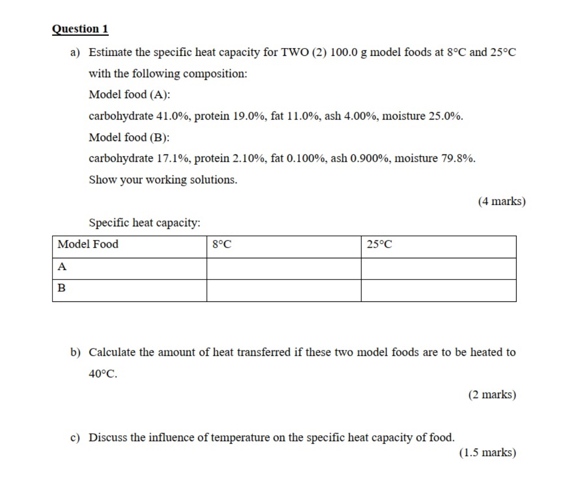 SOLVED: Question 1 a) Estimate the specific heat capacity for TWO (2 ...