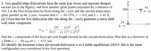 3. Two parallel edge dislocations have the same line vector and opposite Burgers vectors (as in ...