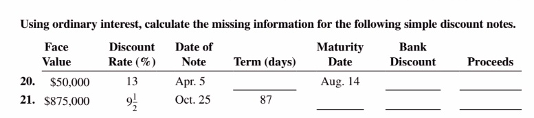 SOLVED: Using ordinary interest, calculate the missing information for ...