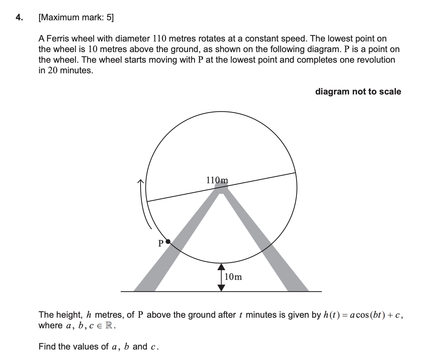 4. [Maximum mark: 5] A Ferris wheel with diameter 110 metres rotates at ...