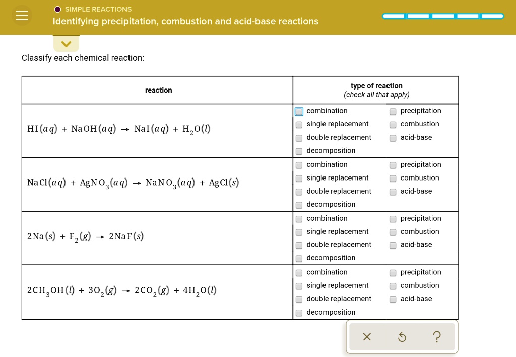 SOLVED: SIMPLE REACTIONS Identifying precipitation, combustion and acid-base reactions Classify ...