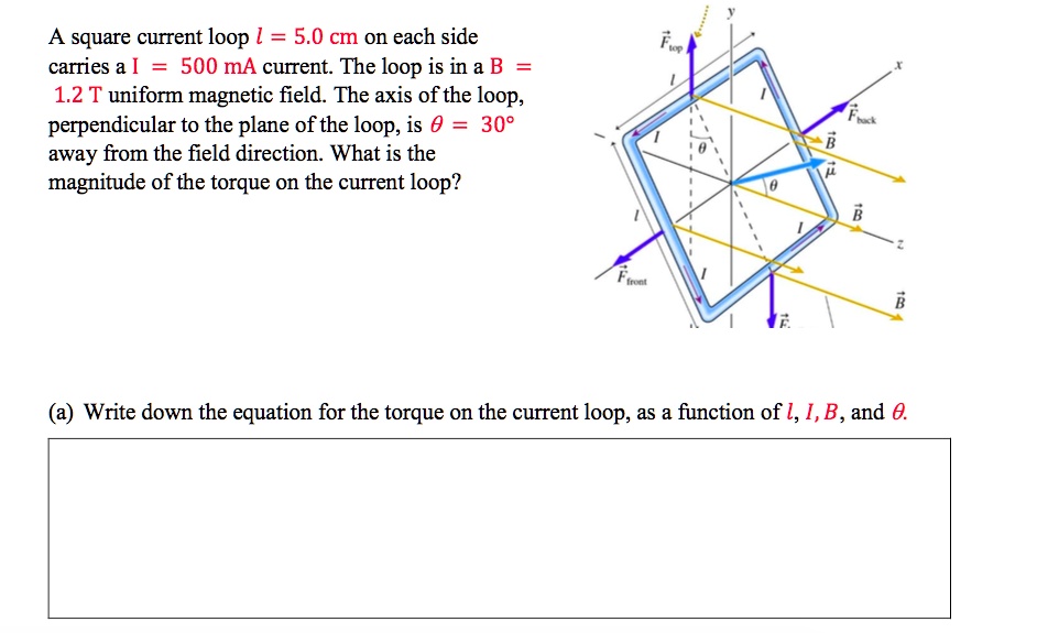 a square current loop 50 cm on each side carries a 500 ma current the ...