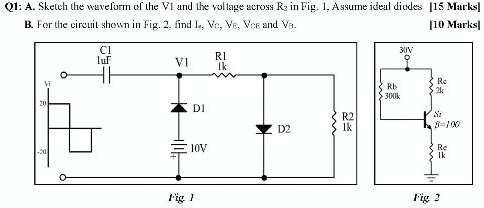 Q1: A. Sketch the waveform of the V1 and the voltage across R2 in Fig. 1, Assume ideal diodes ...
