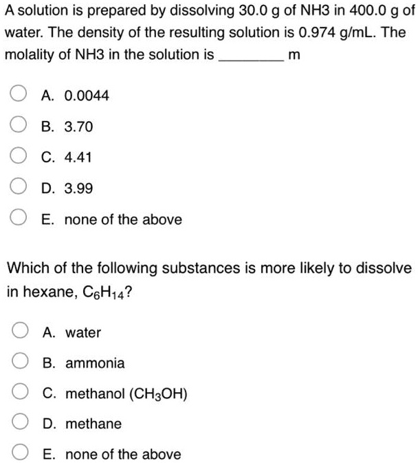 a solution is prepared by dissolving 300 g of nh3 in 4000 g of water the density of the ...