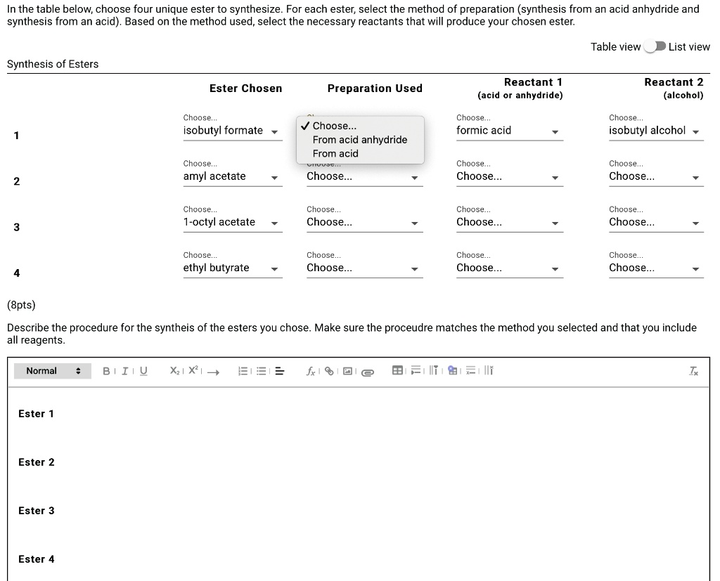 in the table below choose four unique ester to synthesize for each ...