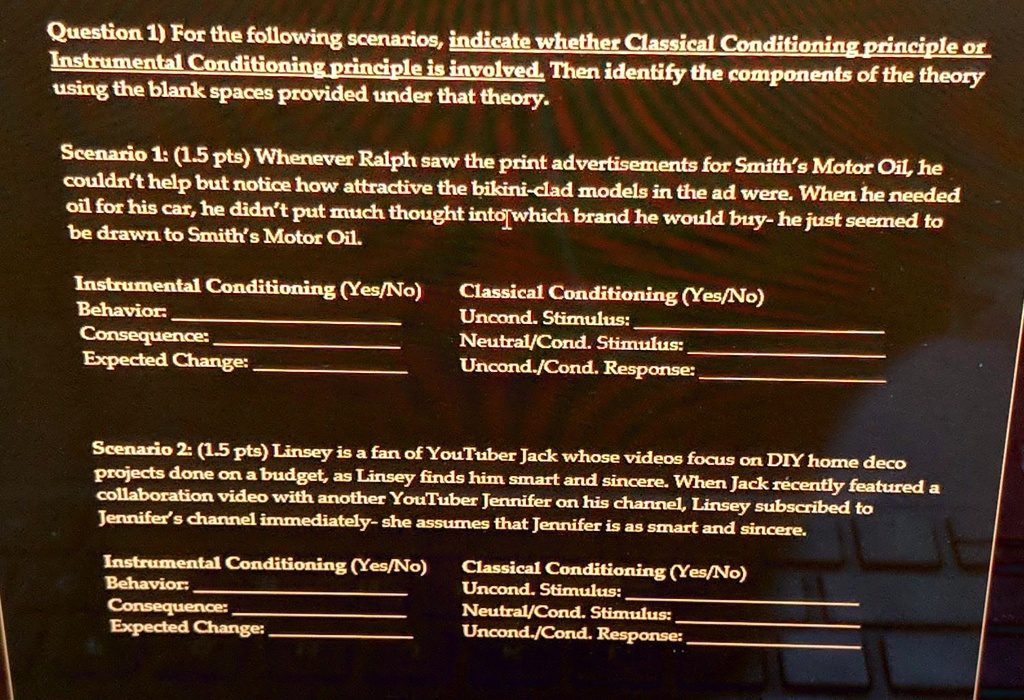 SOLVED: Question 1) For the following scenarios, indicate whether Classical Conditioning ...