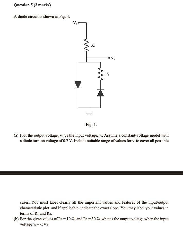 SOLVED: Question 5 (2 marks) A diode circuit is shown in Fig. 4. V: V Fig. 4. (a) Plot the ...