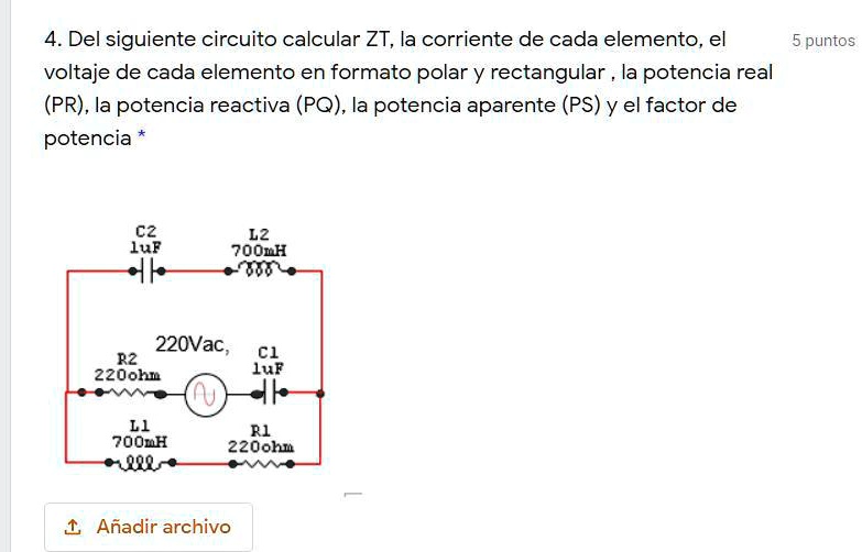 SOLVED: Del siguiente circuito calcular ZT, la corriente de cada ...
