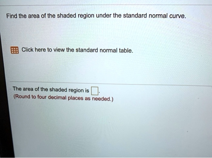 SOLVED: Find the area of the shaded region under the standard normal ...