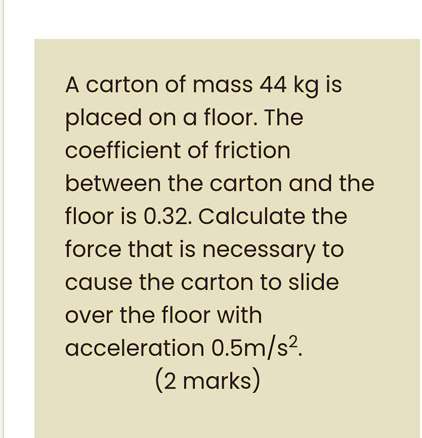 SOLVED:A carton of mass 44 kg is placed on a floor: The coefficient of ...