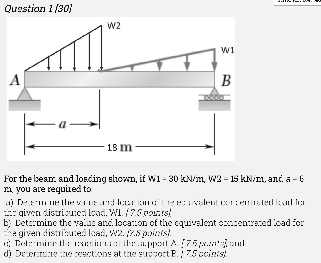 SOLVED: Question 1 [30] W2 W1 A B 18 m For the beam and loading shown, if W1 = 30 kN/m, W2 = 15 ...