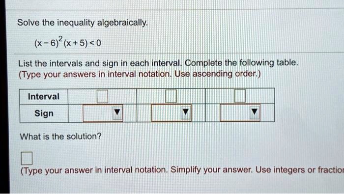 solve the inequality algebraically x 62 x 5 0 list the intervals and sign in each interval ...