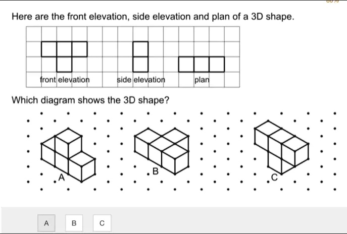 Here are the front elevation, side elevation and plan of a 3D shape ...