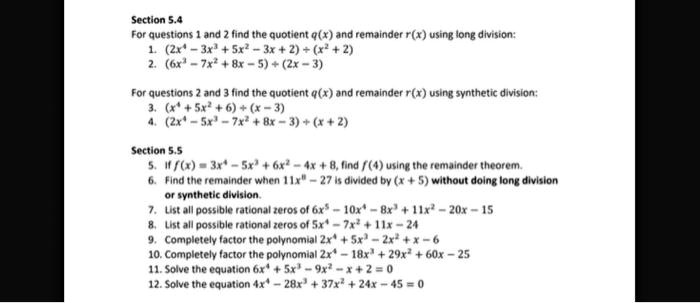 section 54 for questions 1 and 2 find the quotient qx and remainder rx ...