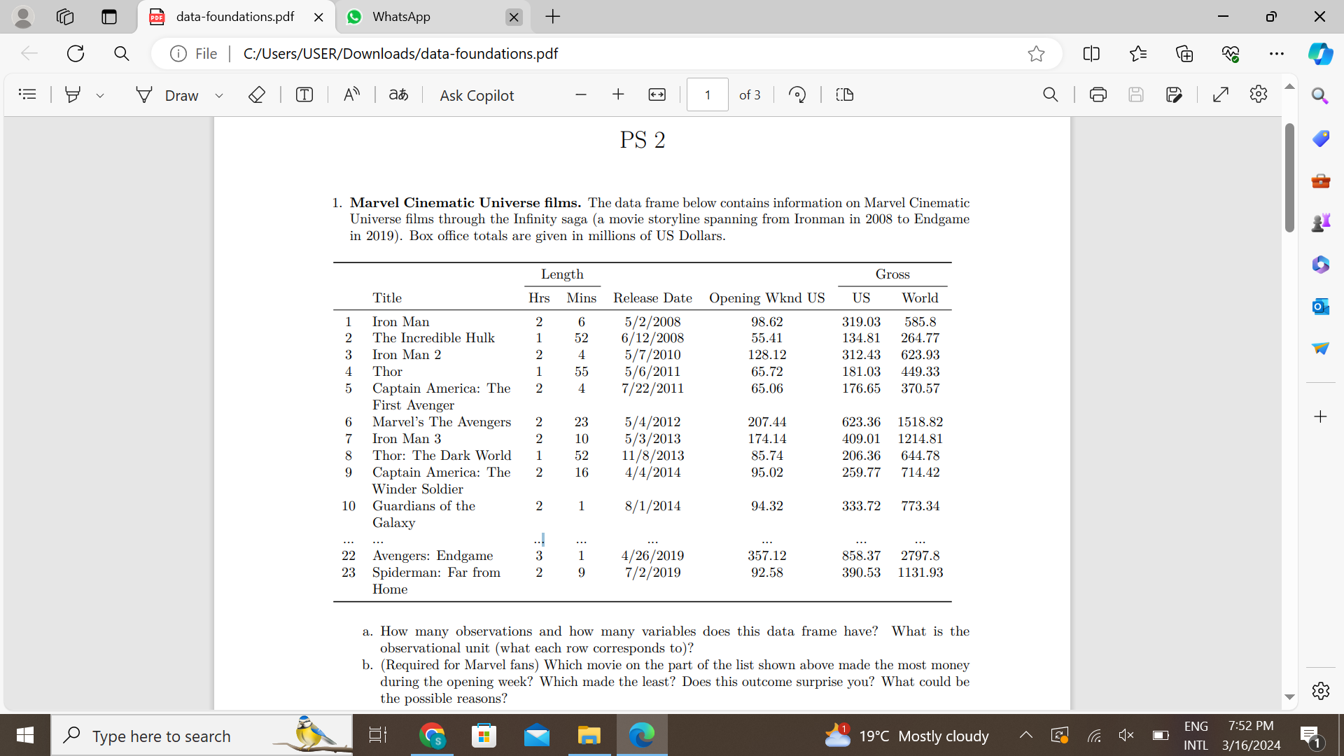 1. Marvel Cinematic Universe films. The data frame below contains ...