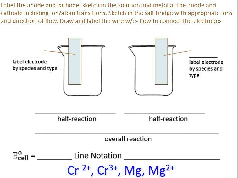 Label the anode and cathode, sketch in the solution and metal at the ...