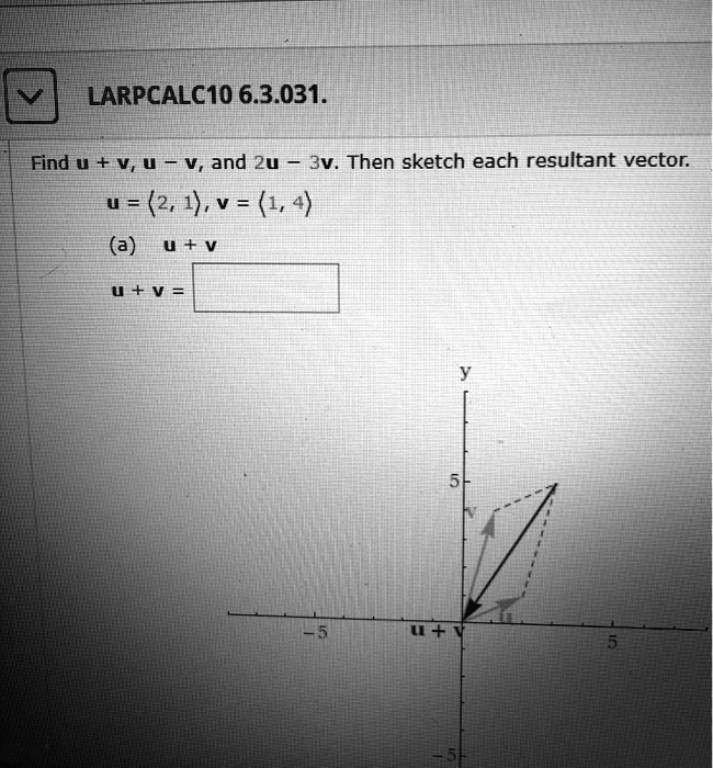 SOLVED: LARPCALC1O 6.3.031 Find u + V, Uun V, and 2u = 3v. Then sketch each resultant vector u ...