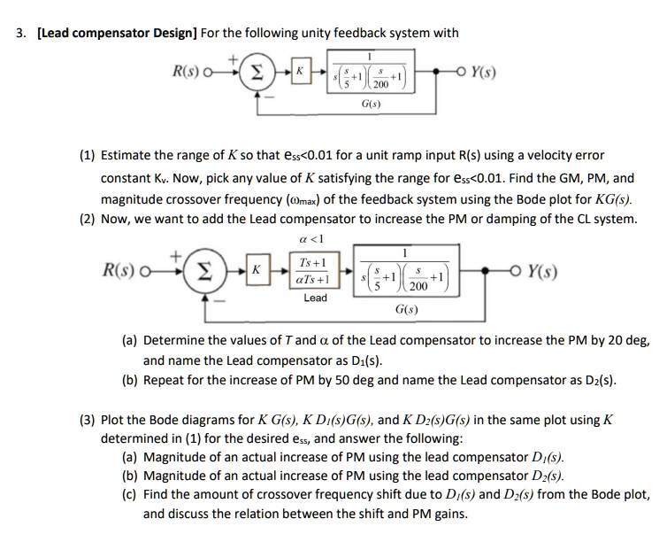 SOLVED: [Lead Compensator Design] For the following unity feedback system with R(s) Y(s) 20 G(s ...