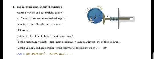 SOLVED: 1) The eccentric circular cam shown has a radius r = 5 cm and eccentricity (offset) e ...