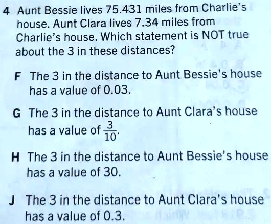 4 Aunt Bessie lives 75.431 miles from Charlie's house. Aunt...