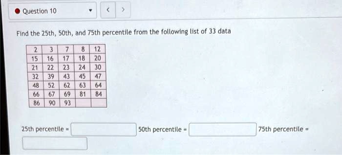 Question 10 Find the 25th, 50th, and 75th percentile from the following list of 33 data. 25th ...