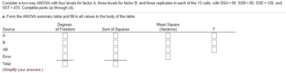 SOLVED: Consider two-way ANOVA with four levels for factor three levels ...