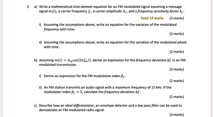 SOLVED: Write a mathematical time-domain equation for an FM modulated ...