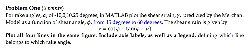 SOLVED: Problem One (6 points) For rake angles, a, of -10,0,10,25 degrees; in MATLAB plot the ...