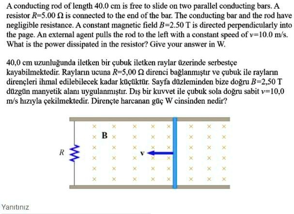 SOLVED: A conducting rod of length 40.0 cm is free to slide O two parallel conducting bars ...