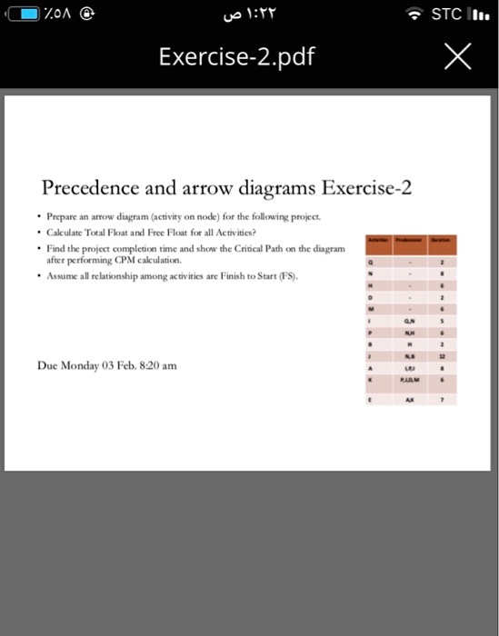 SOLVED: Vo%. u:on STC Exercise-2.pdf X Precedence and arrow diagrams ...