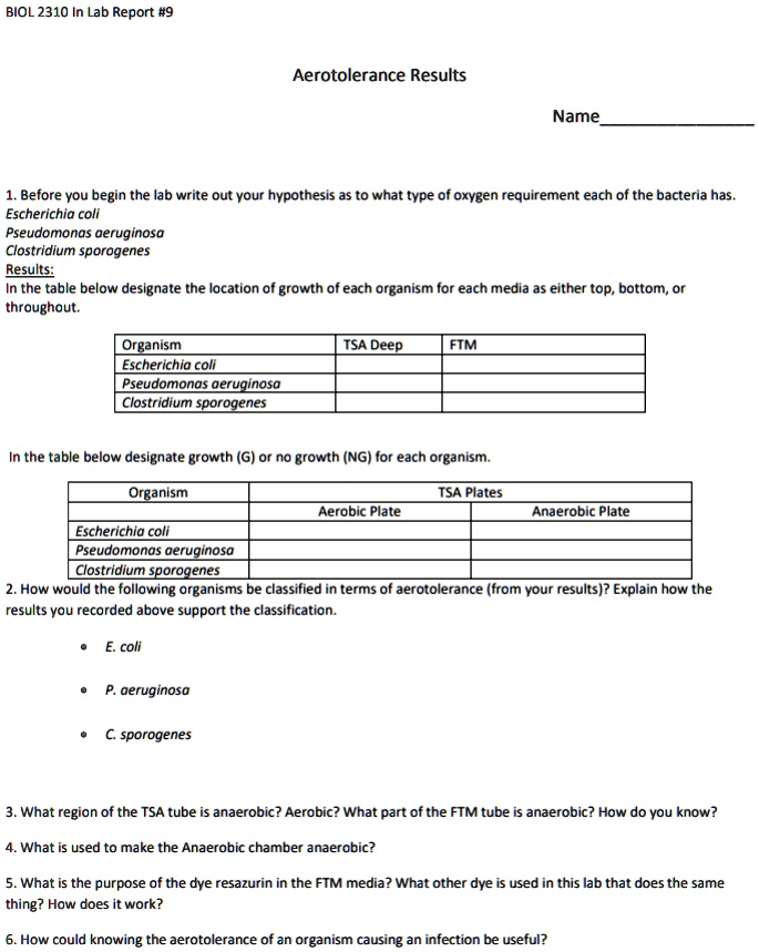 SOLVED: BIOL 2310 In Lab Report #9 Aerotolerance Results Name: 1 ...