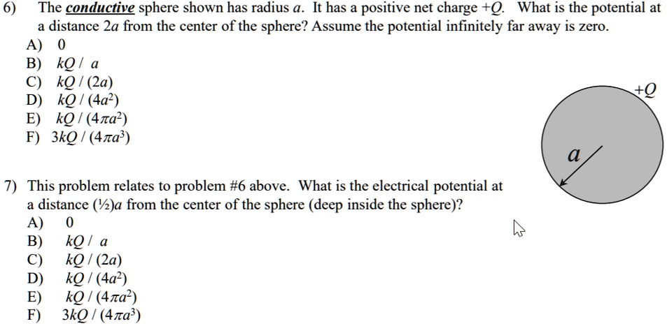 6) The conductive sphere shown has radius a. It has a positive net ...
