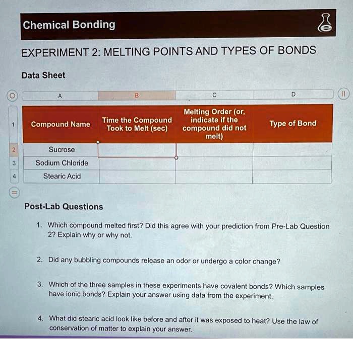 SOLVED: Chemical Bonding EXPERIMENT 2: MELTING POINTS AND TYPES OF ...