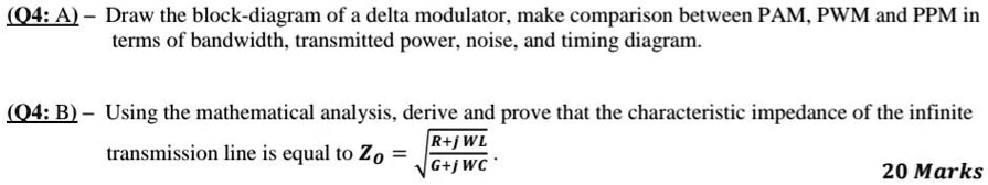 (Q4: A) Draw the block-diagram of a delta modulator, make comparison between PAM, PWM and PPM in ...