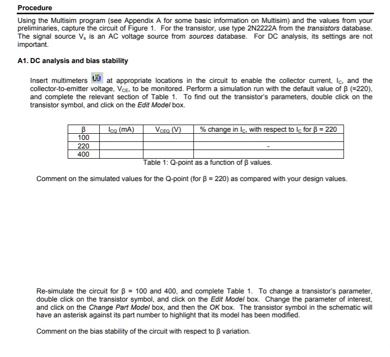 SOLVED: Procedure Using the Multisim program (see Appendix A for some basic information on ...