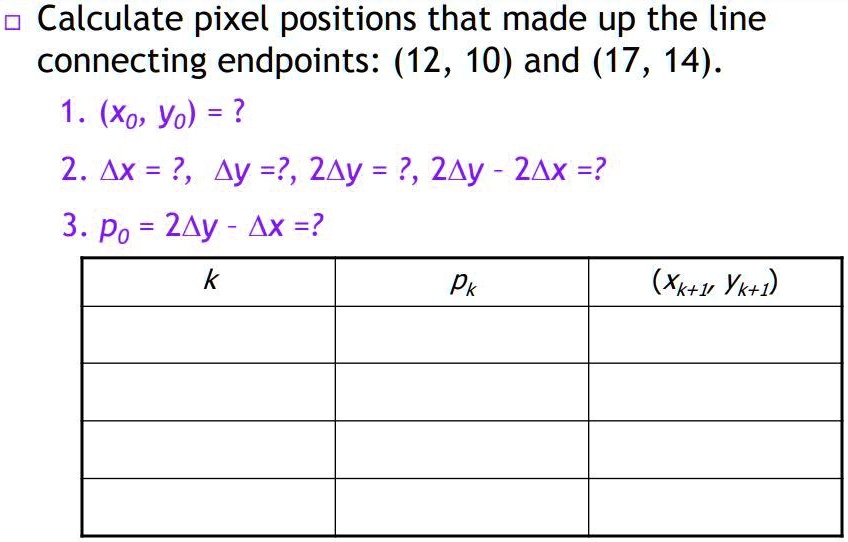 [GET ANSWER] Calculate pixel positions that made up the line connecting endpoints: (12, 10) and ...