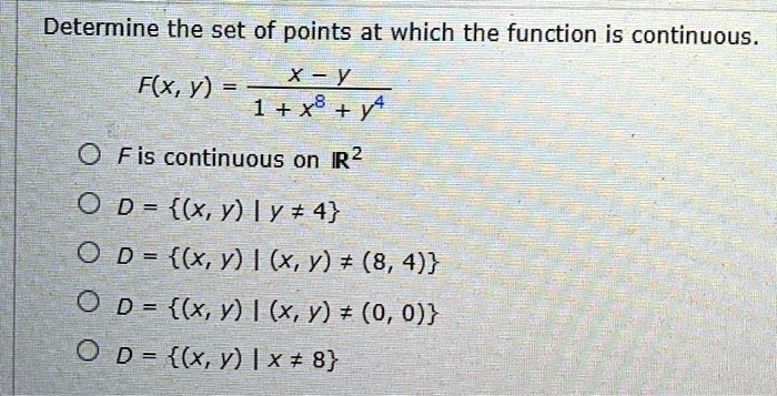 SOLVED: Determine the set of points at which the function is continuous ...