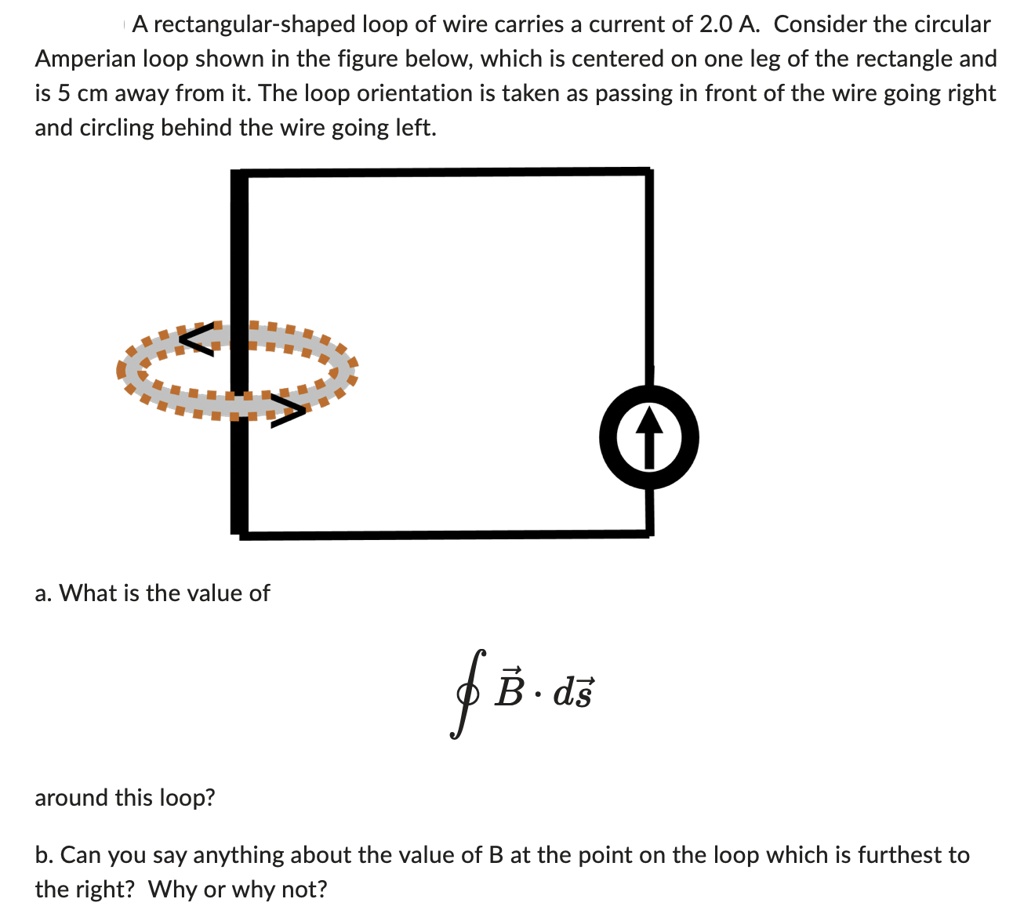 A rectangular-shaped loop of wire carries a current of 2.0 A. Consider the circular Amperian ...