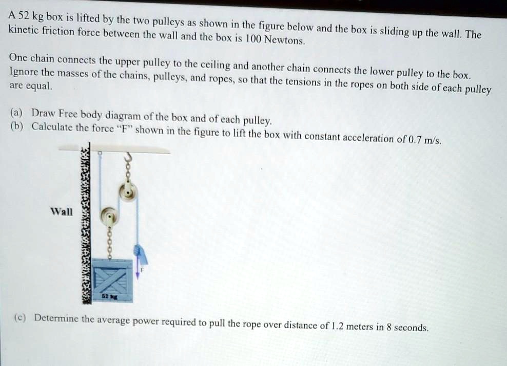 A 52 kg box is lifted by the two pulleys as shown in the figure below ...