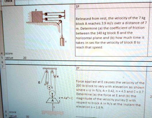 SOLVED: Released from rest, the velocity of the 7 kg block reaches 3.9 m/s over a distance of 7 ...